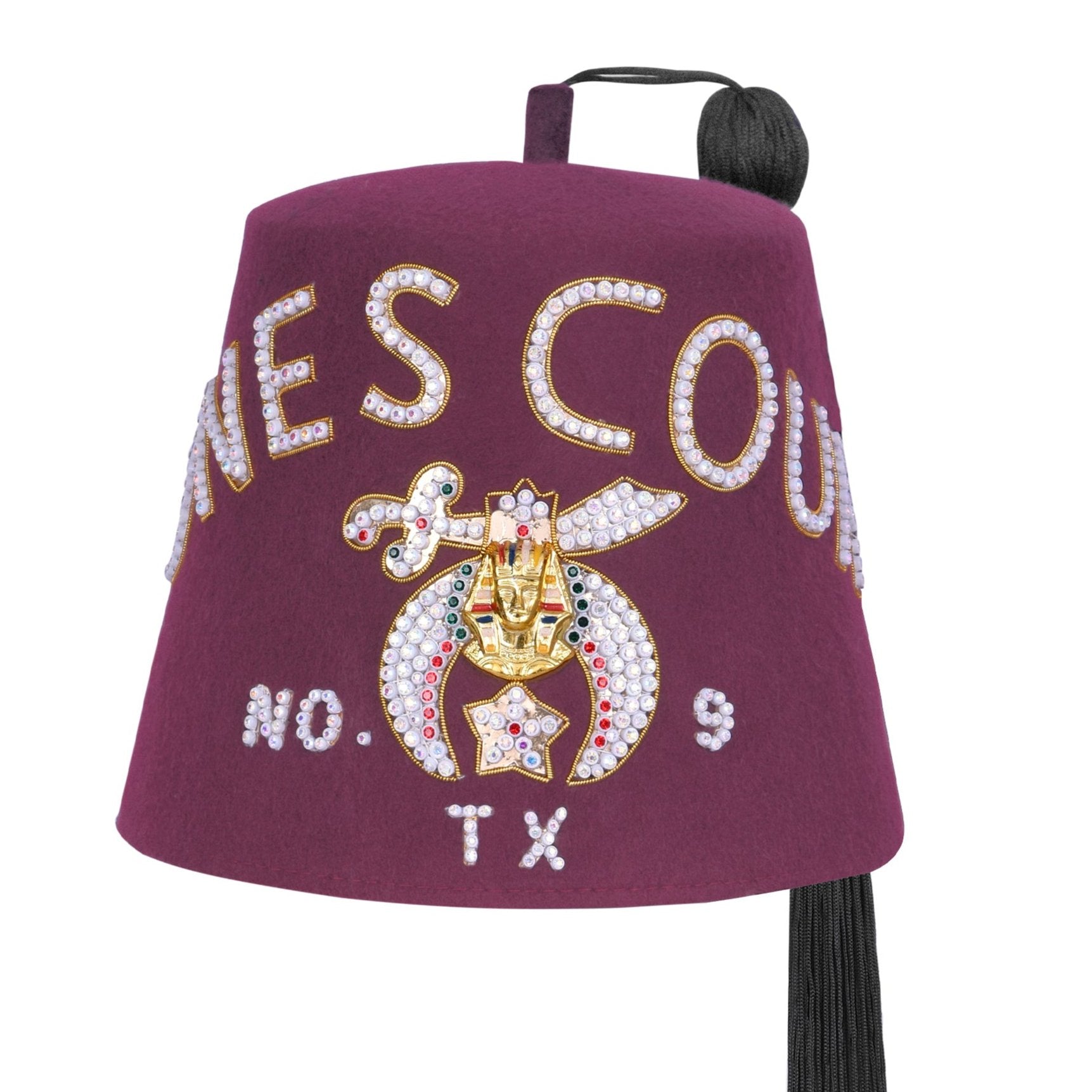 Shriners Fez Hat - Burgundy Wool Rhinestones Letters & Gold Embroidery ...