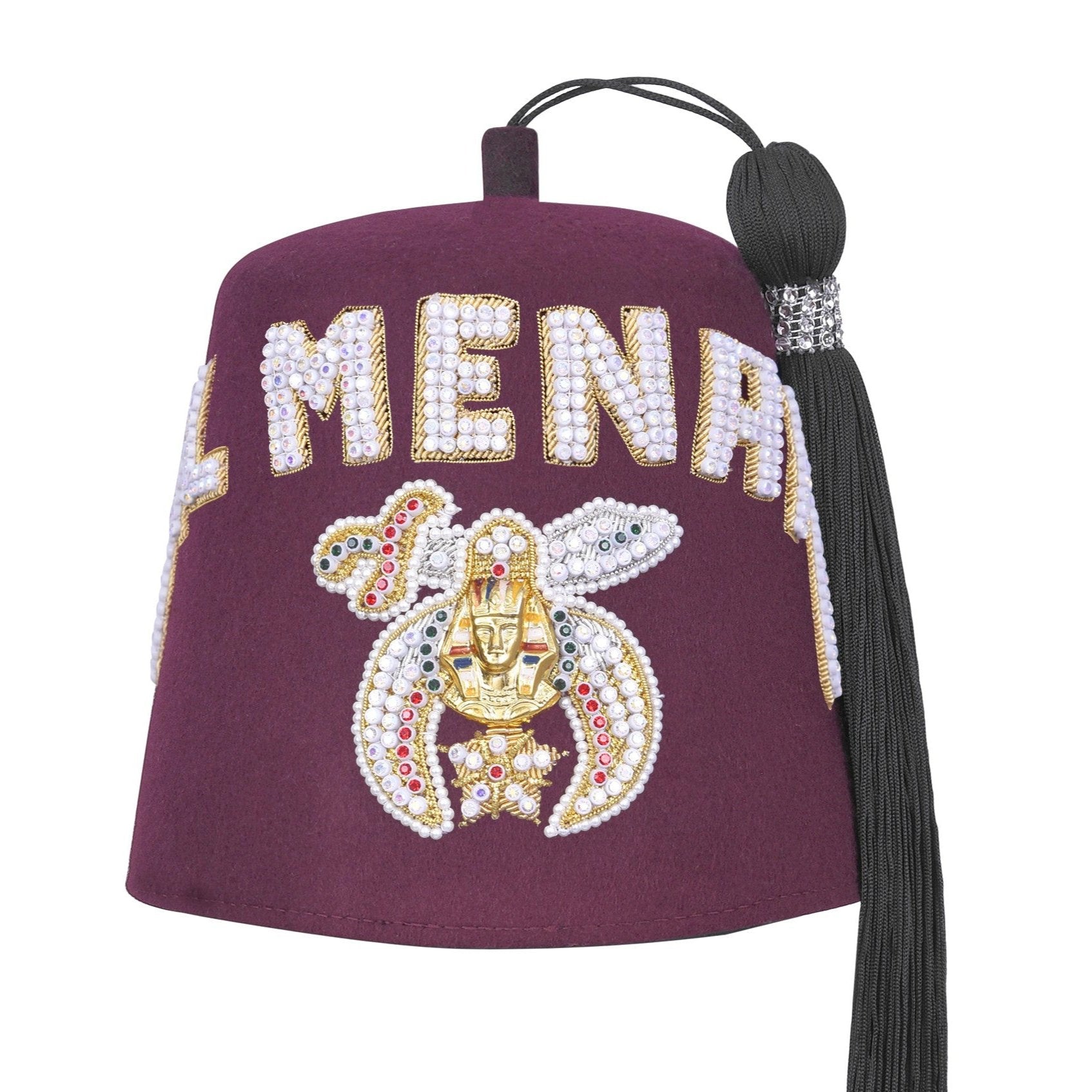 Shriners Fez Hat - Burgundy Wool Rhinestones Letters 2 Rows | Bricks Masons