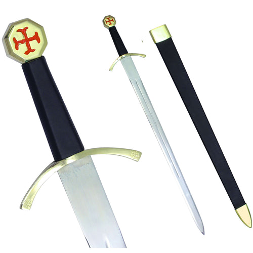 Home Knights Templar Sword - with Black Gold Hilt and Black Scabbard & Red Cross
