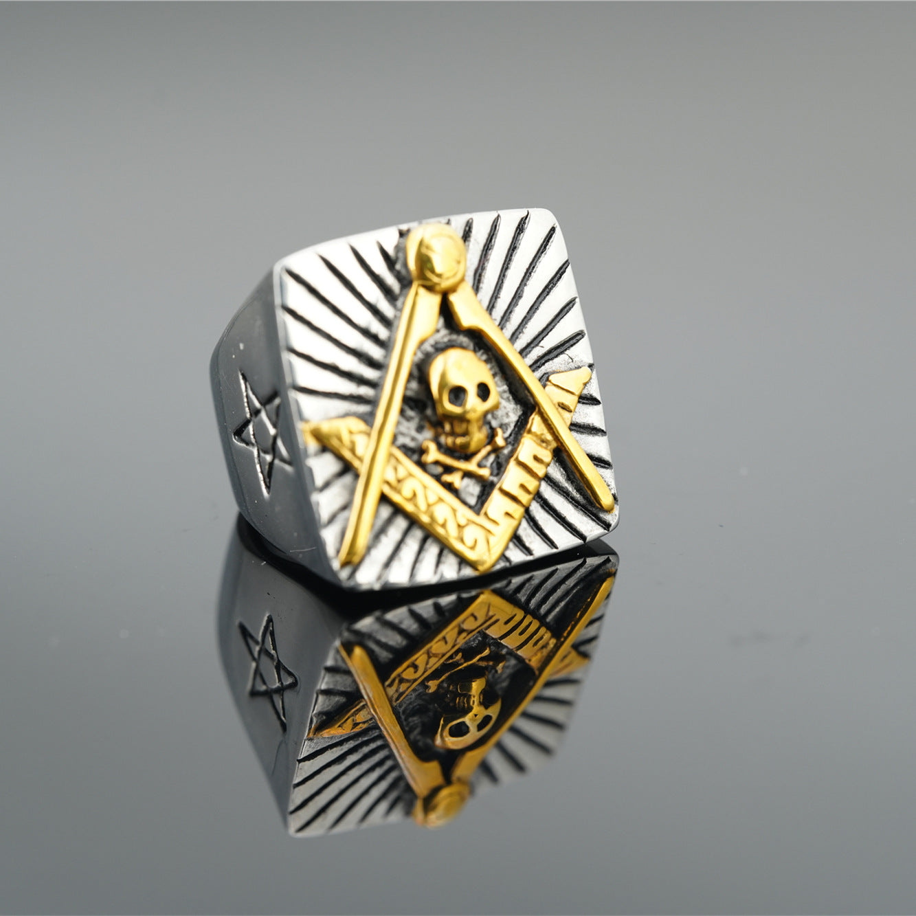Widows Sons Ring - Silver And Gold Square & Compass With Skull Inside ...